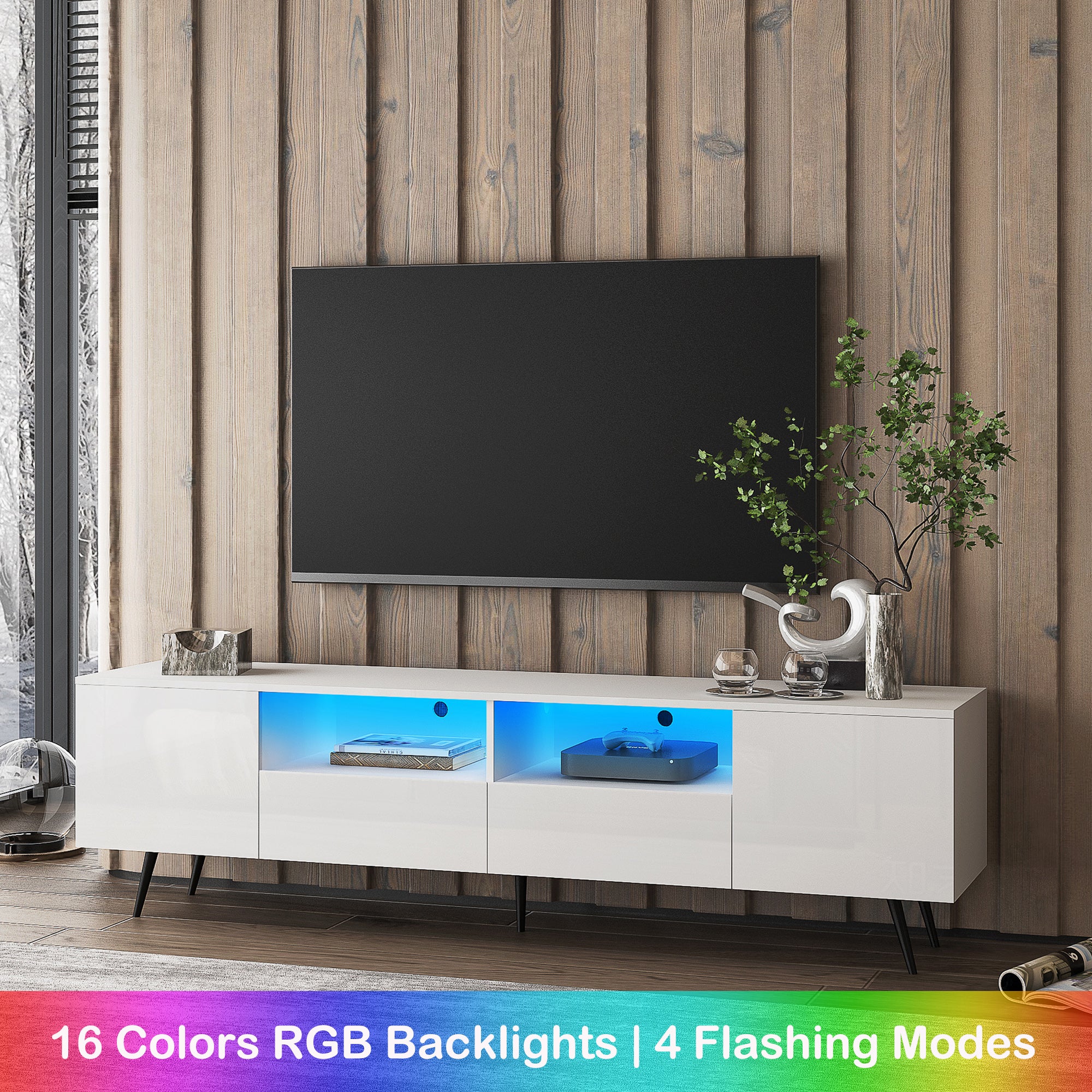 HSUNNS TV Stand for 65 inch TVs with Lights, Contemporary High Glossy
